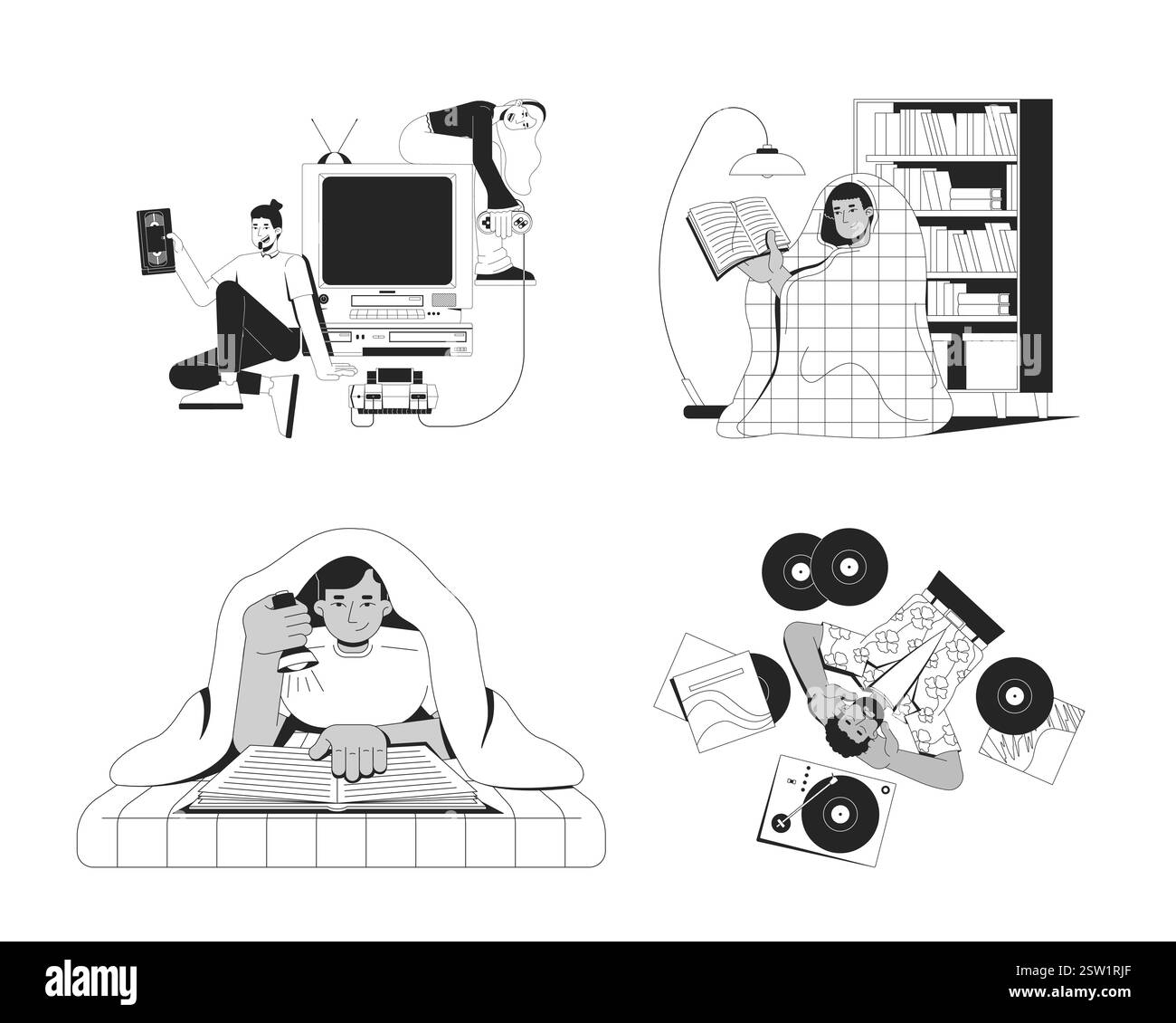 Nostalgic pastimes and retro technology linear illustrations set Stock ...