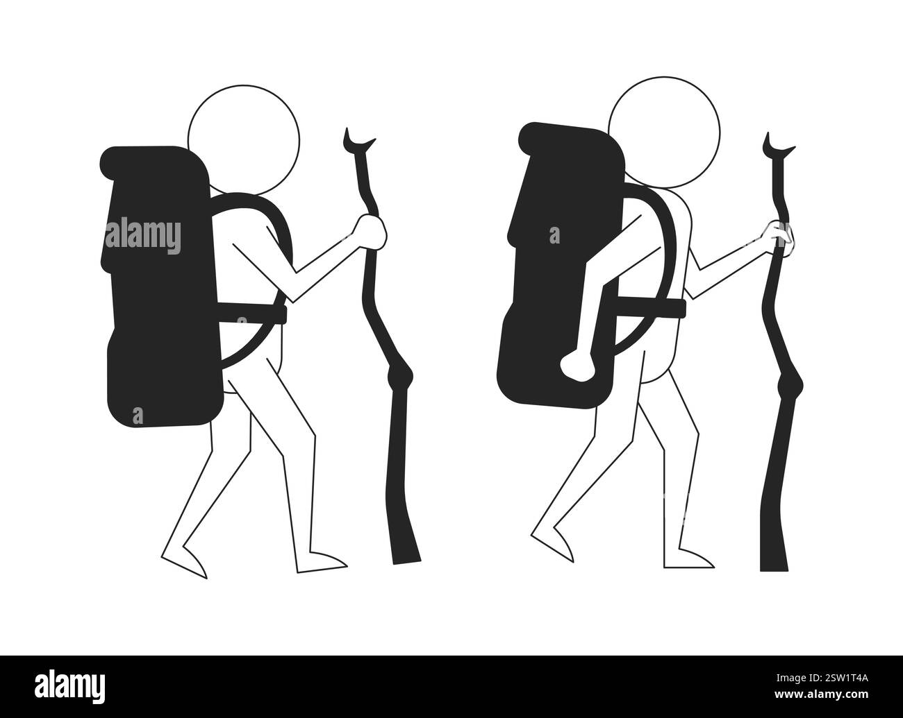 Stick figures hikers with backpacks and walking sticks black and white ...