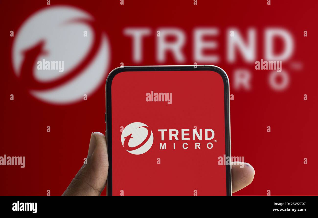 Dhaka, Bangladesh- 09 Aug 2024: Trend Micro Inc. logo is displayed on smartphone. Trend Micro ...