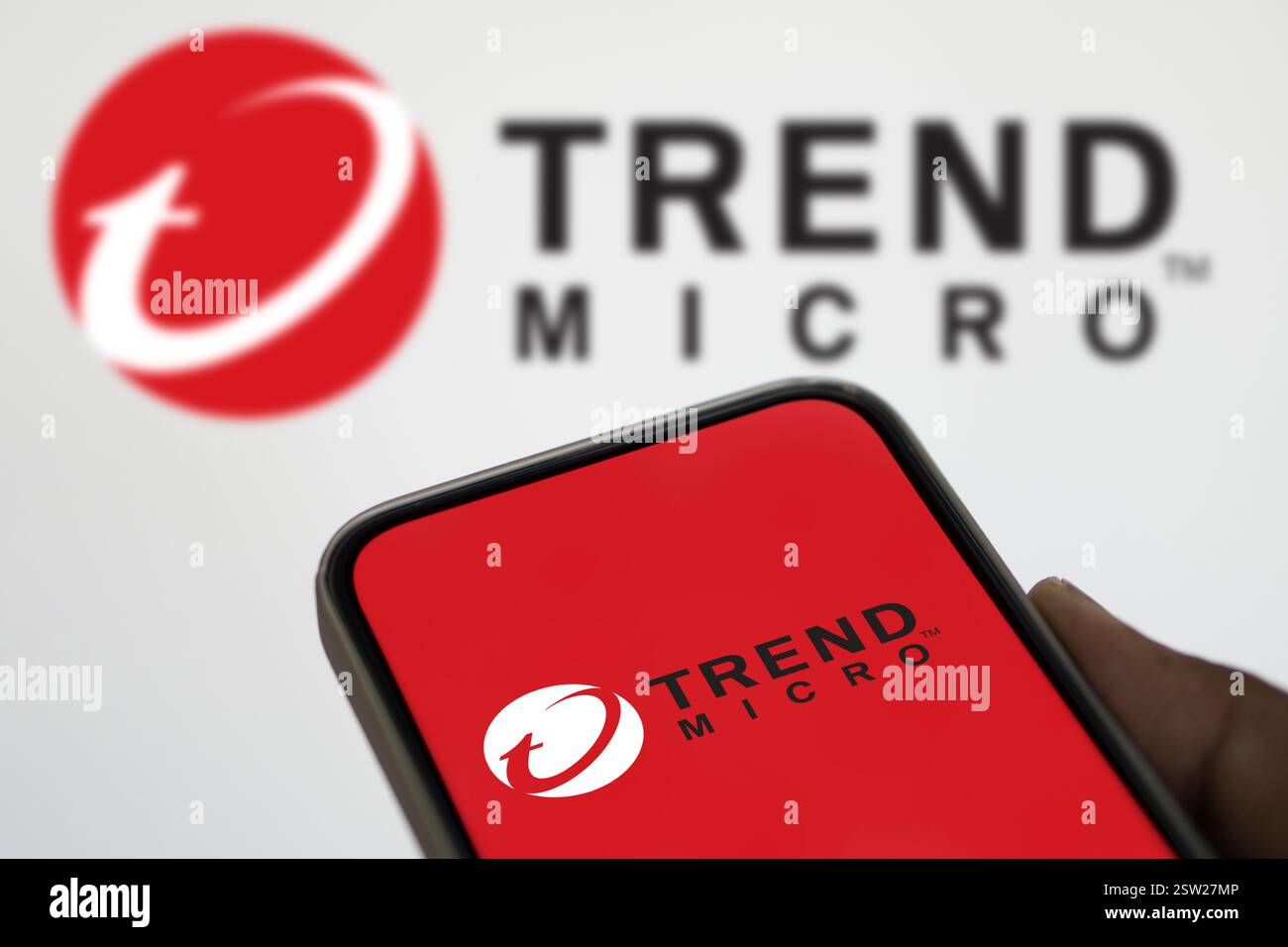 Dhaka, Bangladesh- 09 Aug 2024: Trend Micro Inc. logo is displayed on smartphone. Trend Micro ...