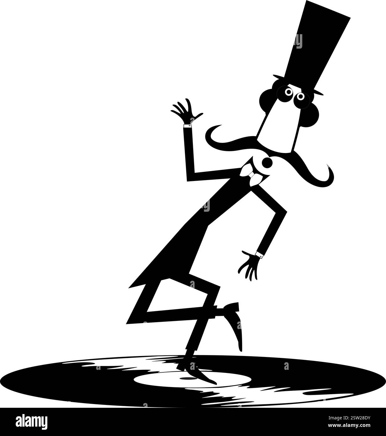 Long play record. Dancing cartoon man in the top hat. Cartoon man in ...