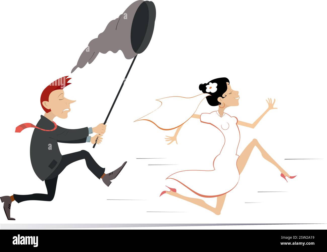 Chasing love. The runaway bride. Upset man tries to catch a running ...