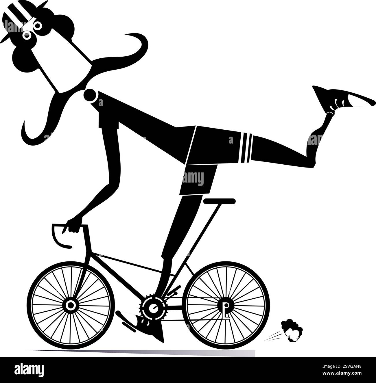 Cyclist. Cartoon man in the top hat rides a bike. Long mustache man in ...