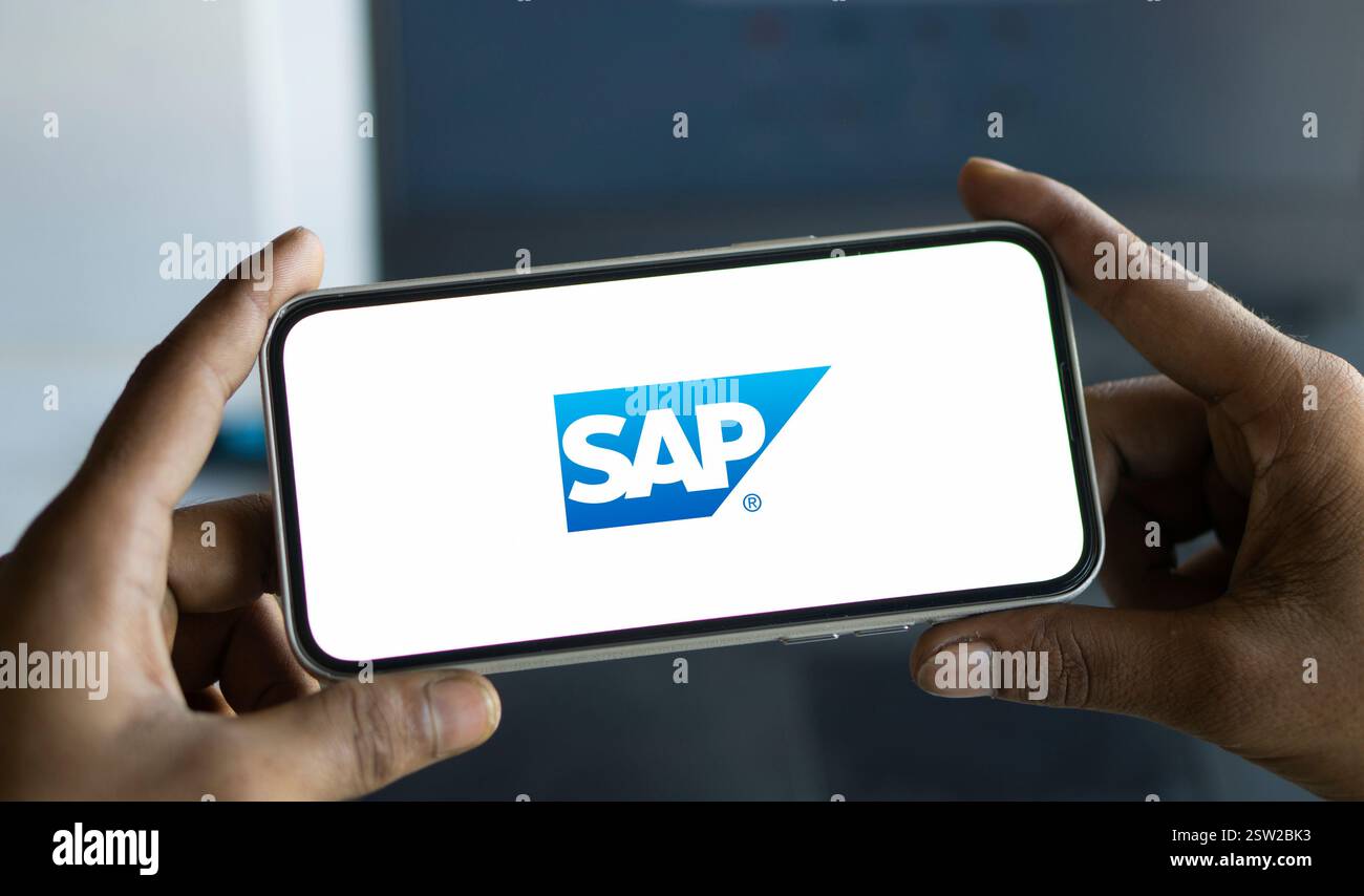 Dhaka, Bangladesh- 11 Aug 2024: SAP SE logo is displayed on smartphone ...