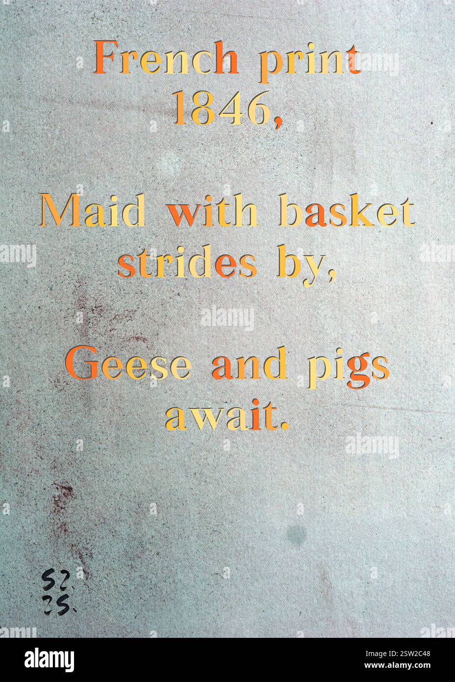 French print 1846, Maid with basket strides by, Geese and pigs await ...