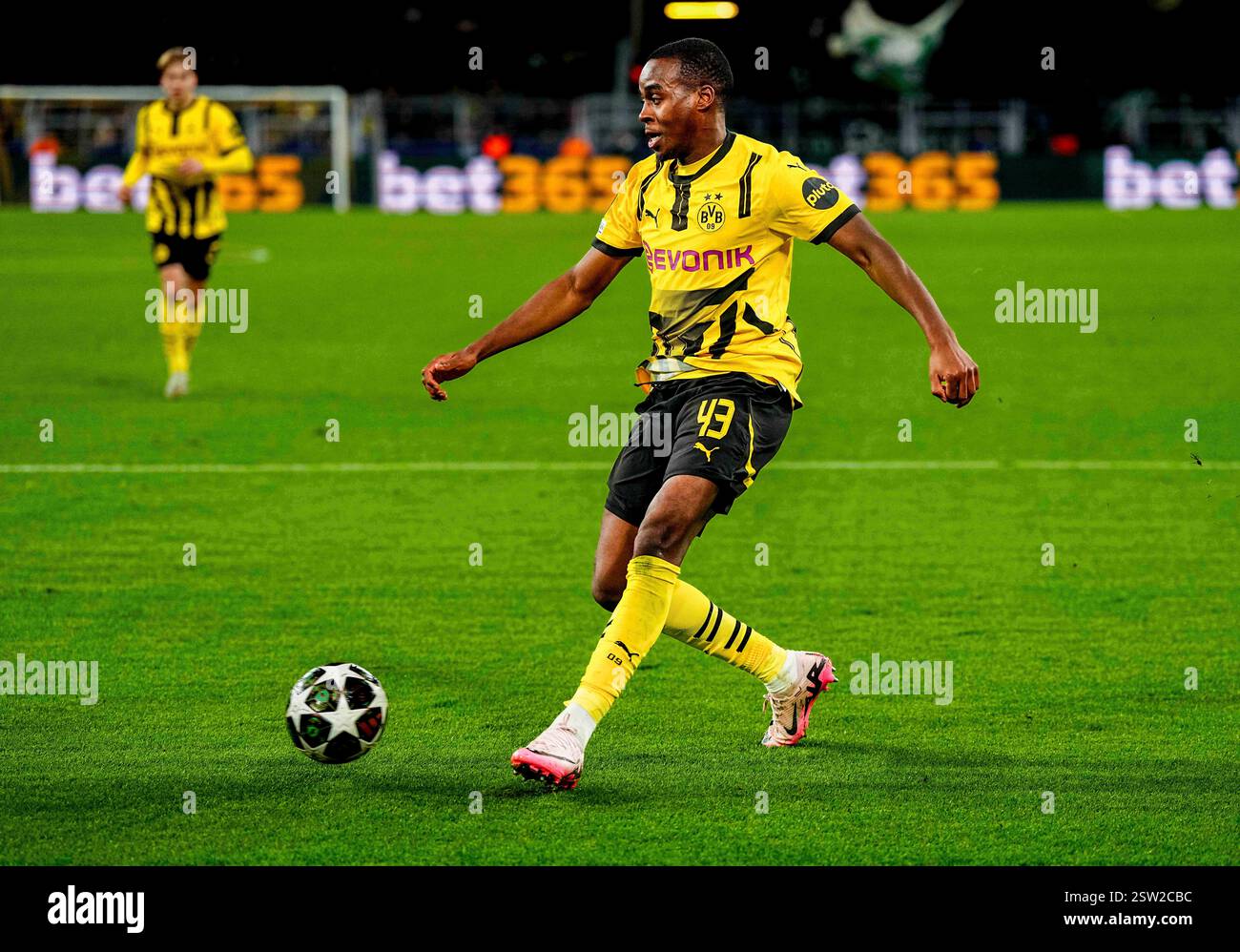 February 19 2025: Jamie Gittens of Borussia Dortmund controls the ball during a Champions League ...