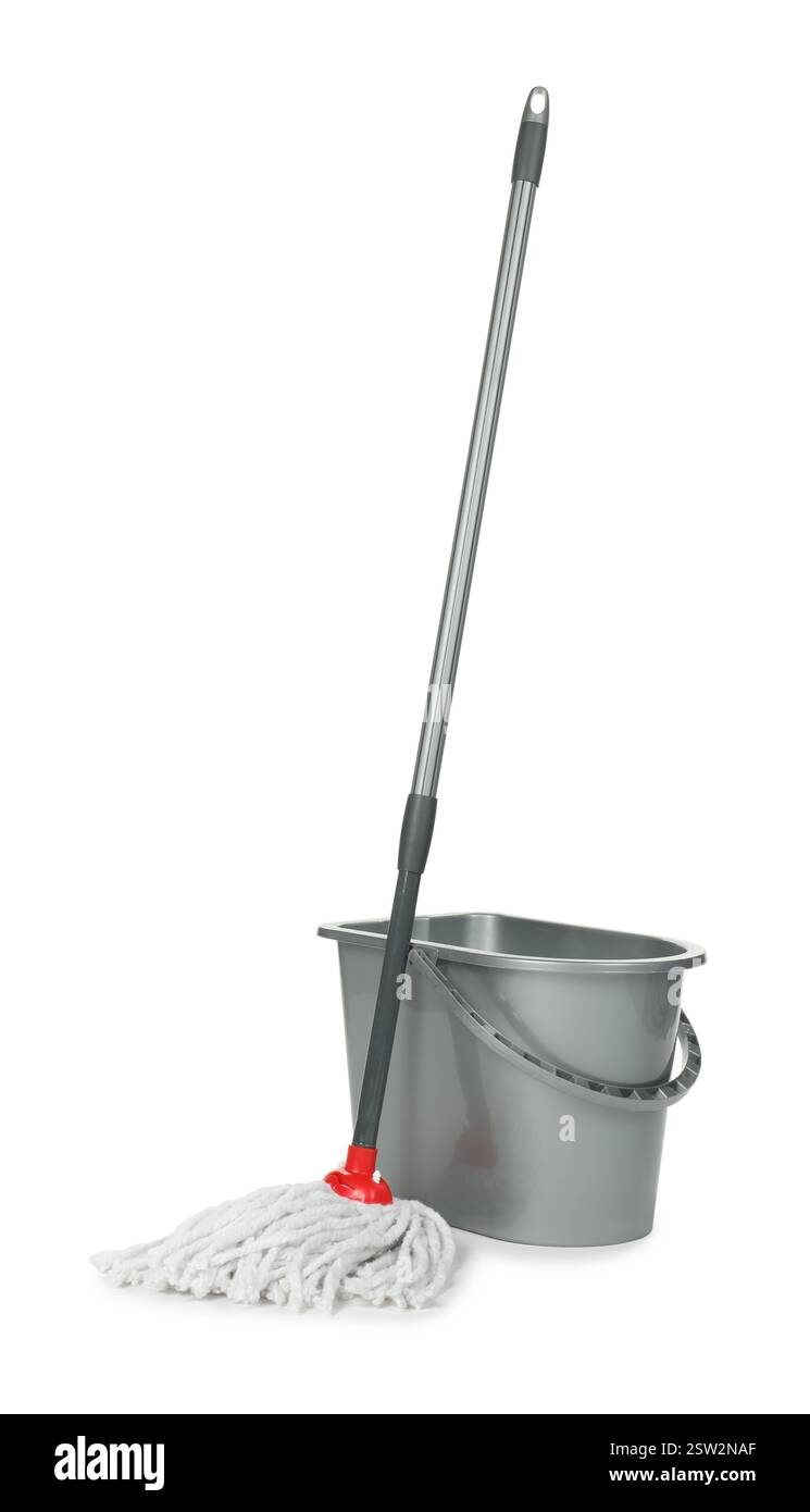 String mop and bucket isolated on white Stock Photo - Alamy