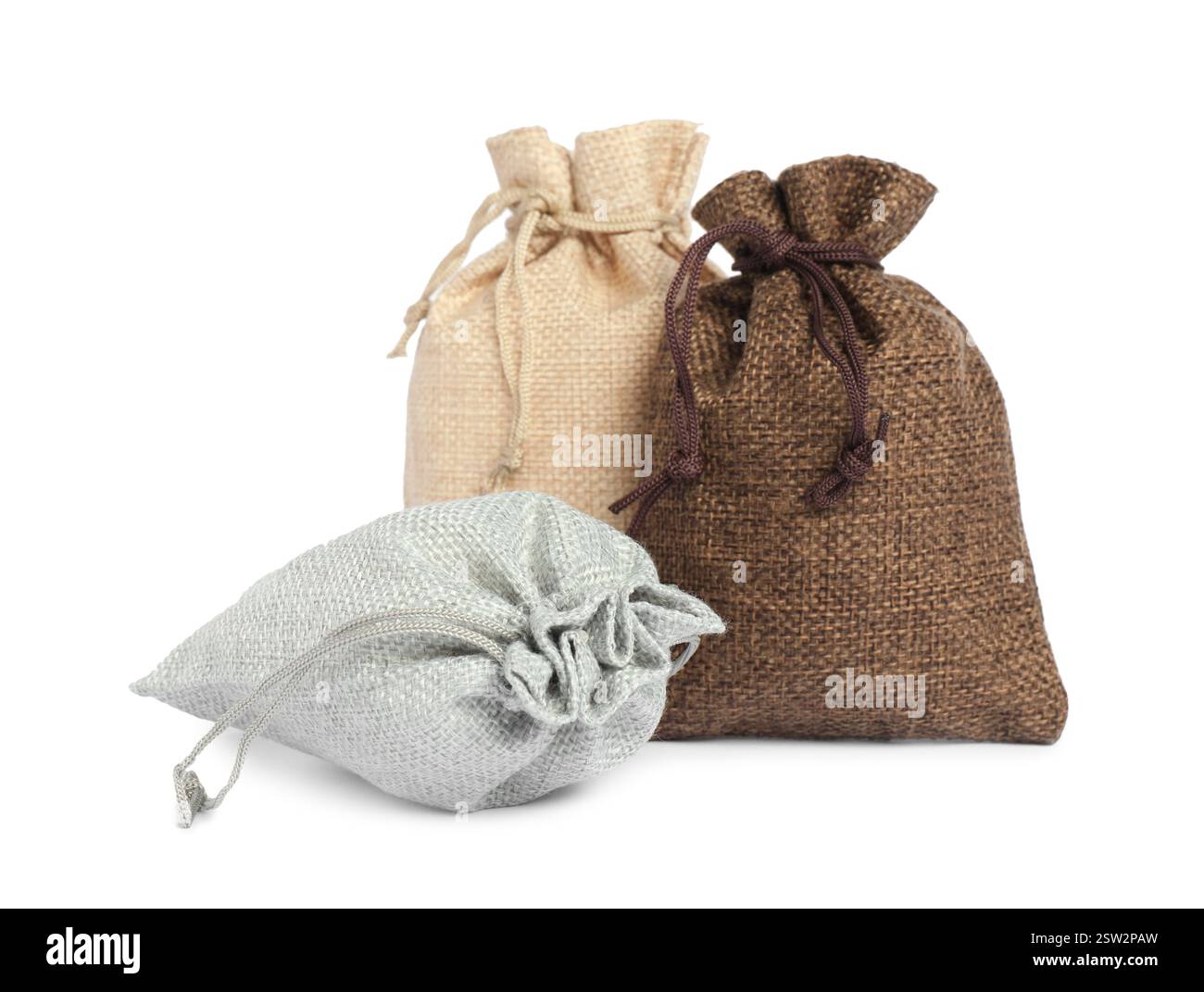 Three small burlap sacks isolated on white Stock Photo - Alamy
