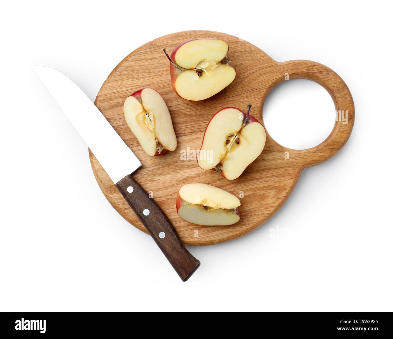Wooden cutting board with cut apples and knife isolated on white, top ...