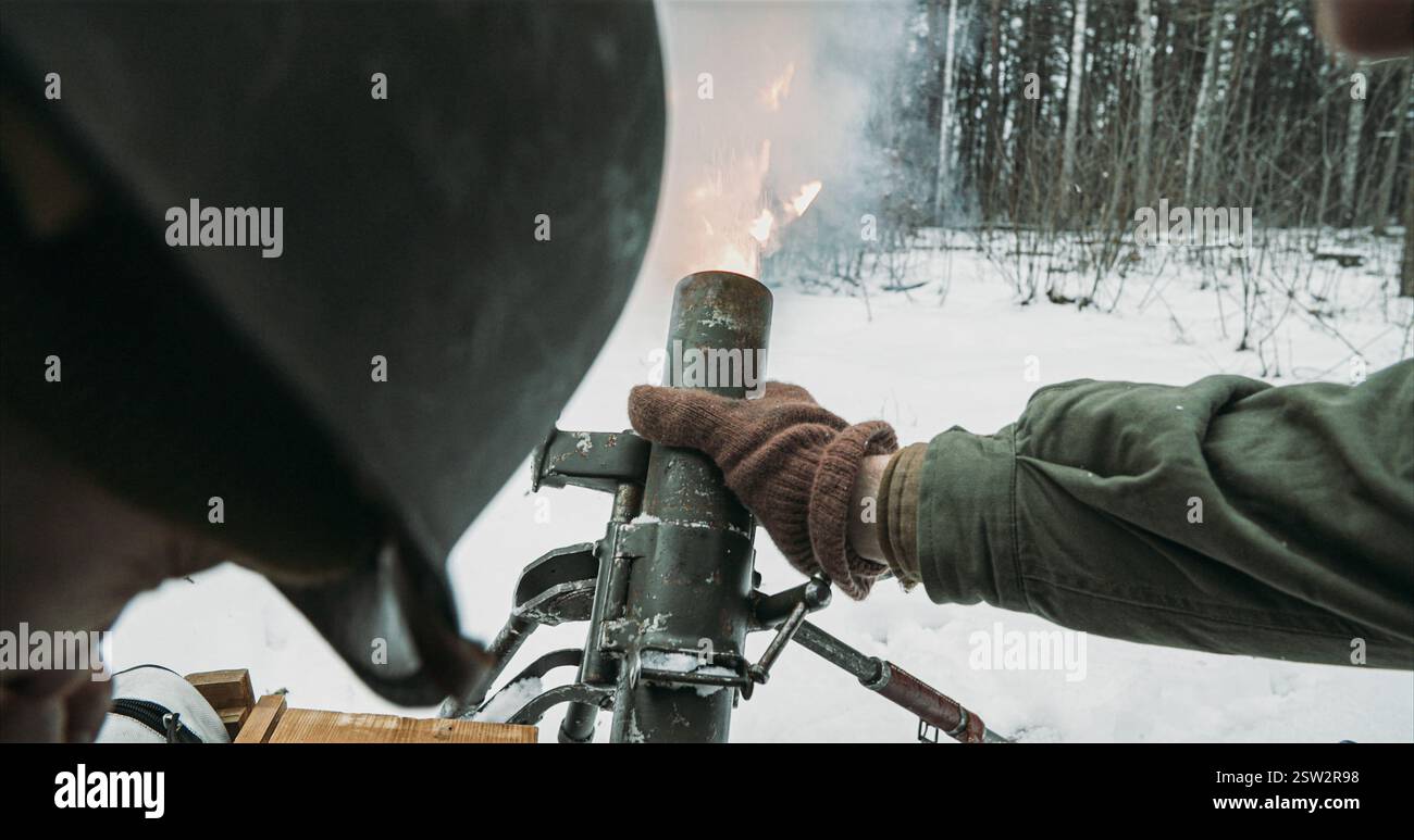 Mortar Shooting Explosions Forest. Close-up View On Re-enactors Dressed ...