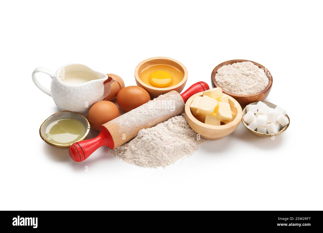 Rolling pin and different ingredients isolated on white Stock Photo - Alamy