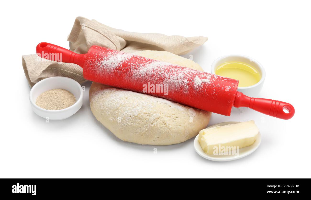 Rolling pin and different ingredients isolated on white Stock Photo - Alamy