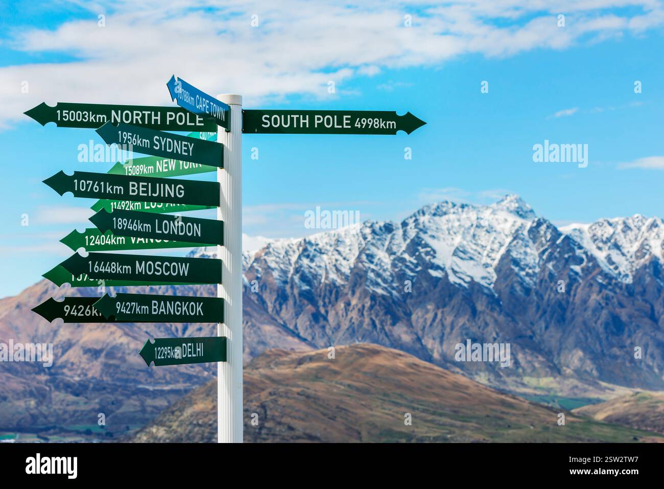 Directions sign post, Queenstown, South Island, New Zealand Stock Photo ...
