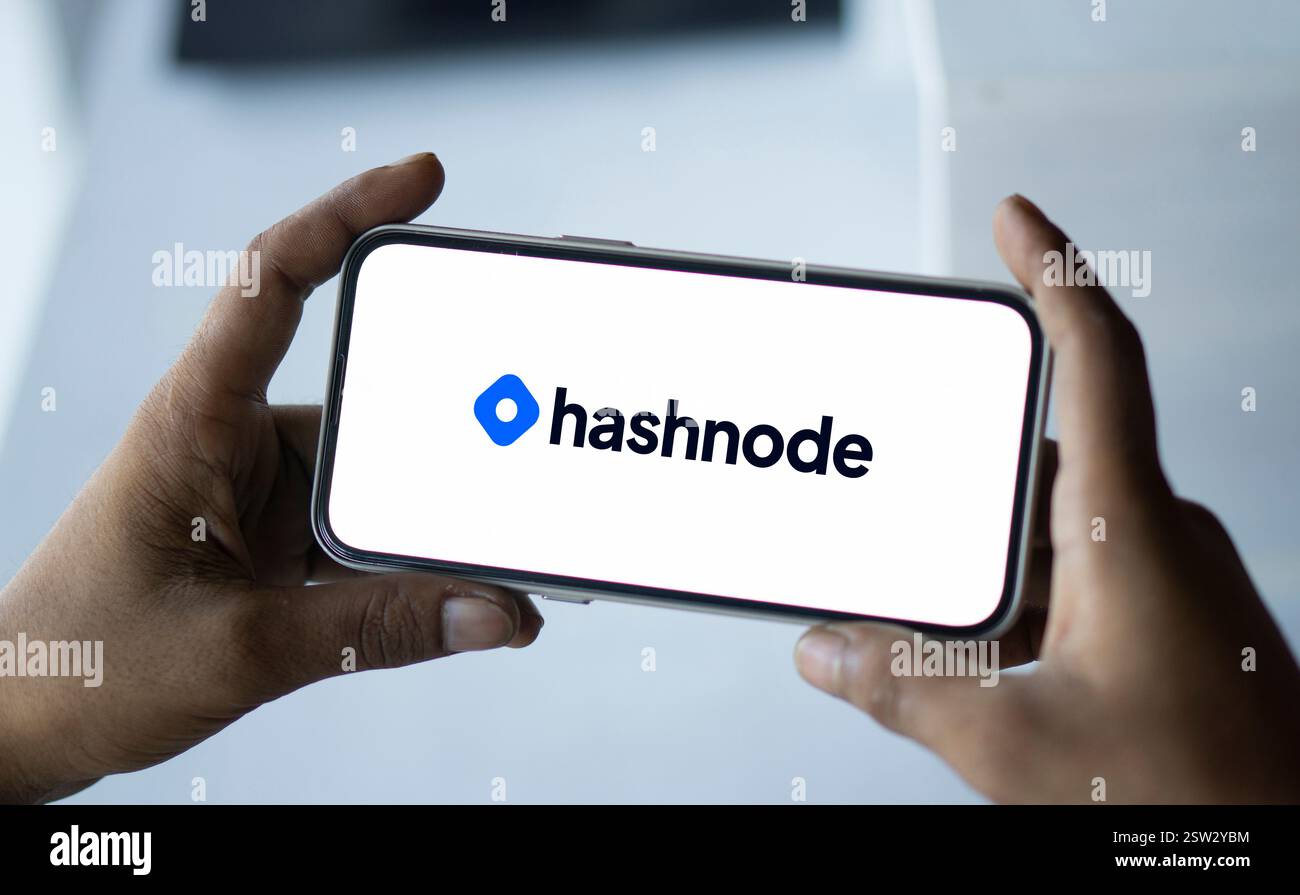Dhaka, Bangladesh- 24 Aug 2024: Hashnode logo is displayed on smartphone. Hashnode is a free ...