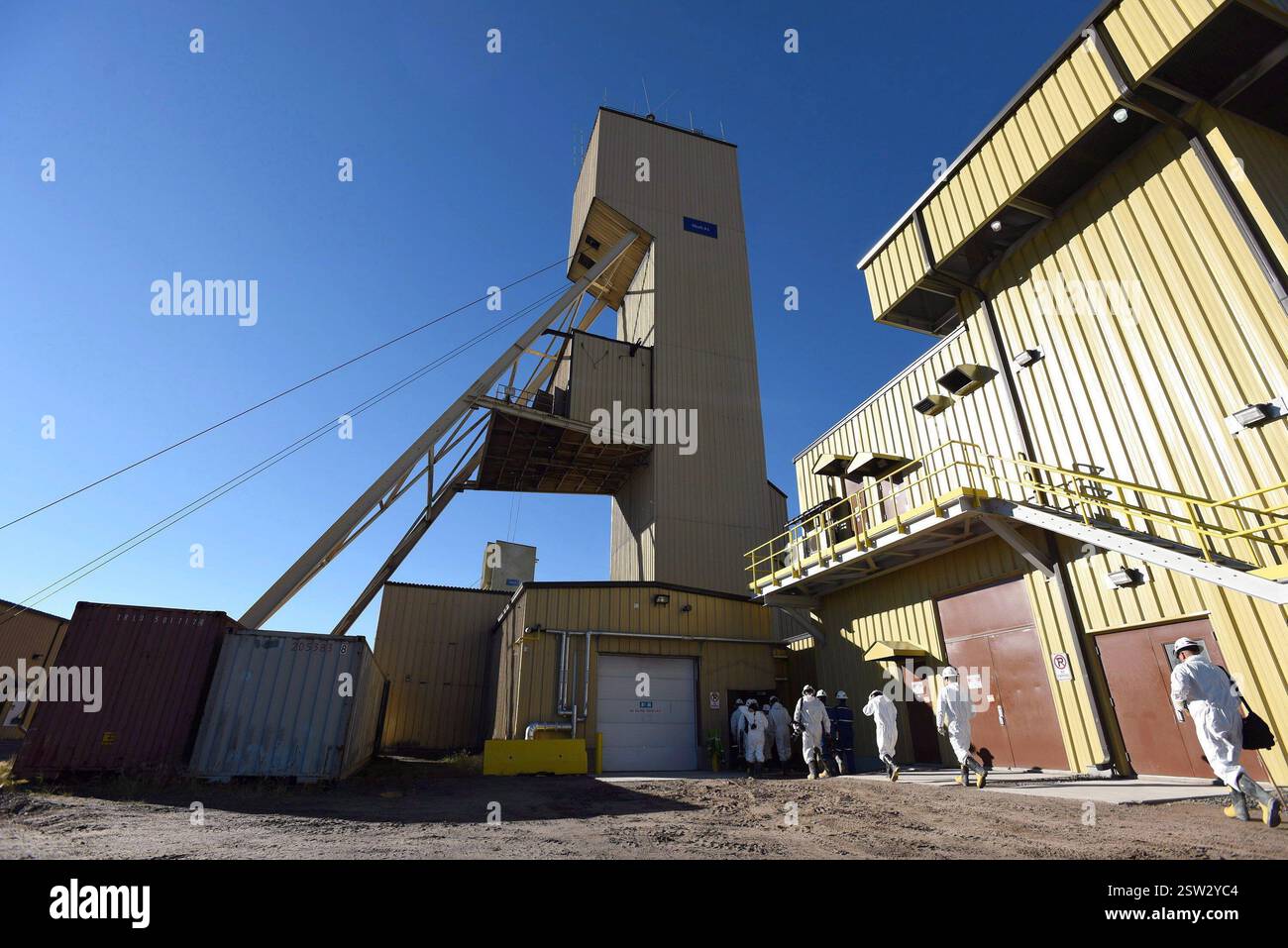 Media enter the head frame during a Cameco media tour of the uranium ...