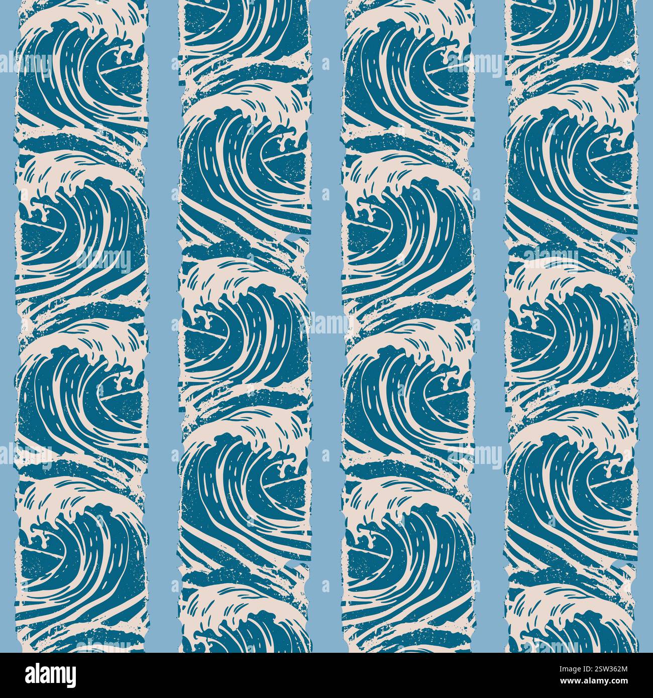 Vintage Ocean Waves in Blue and Beige Stripe Pattern. Bold vintage ...