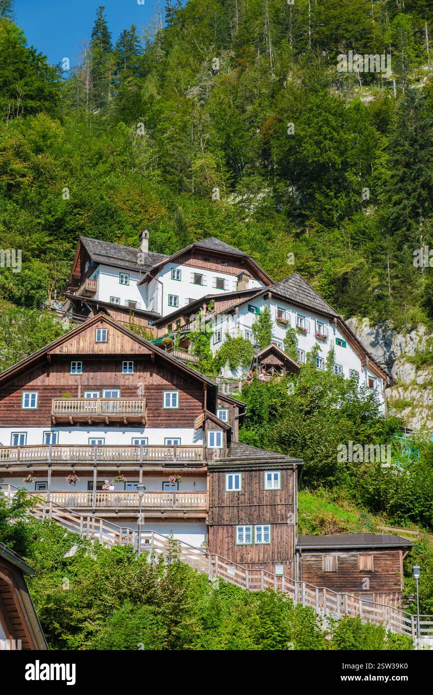 Charming wooden houses nestled atop the hillside in Hallstatt, Austria ...