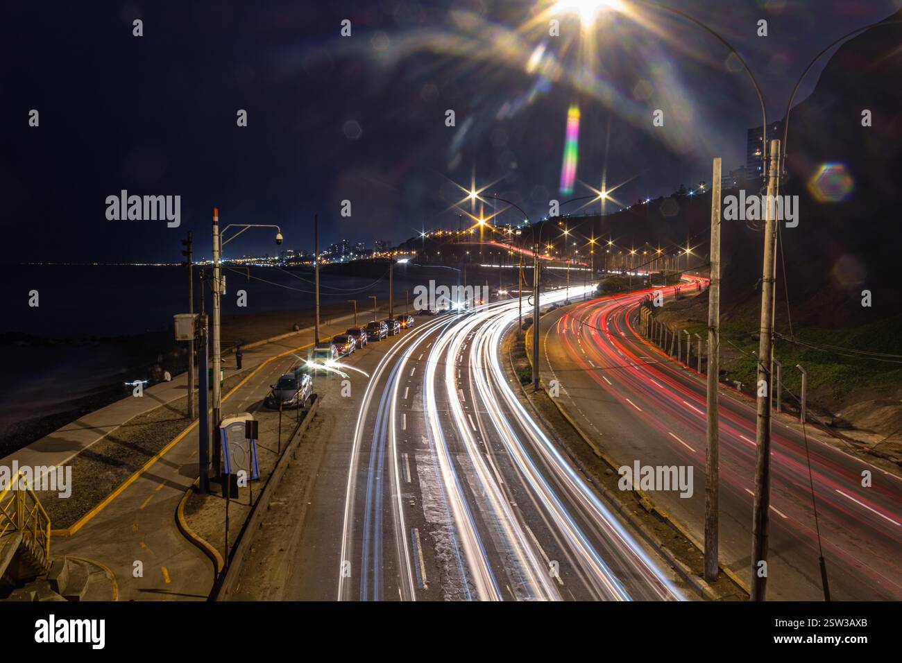 Lights at coastline from Maria Reiche Pedestrian Bridge, Miraflores ...