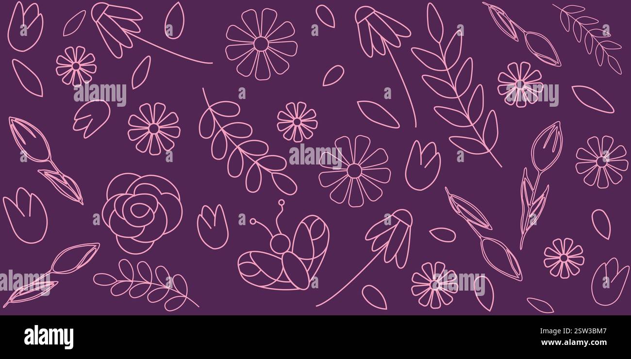 Banner Featuring Delicate Pink Floral Outlines On Dark Purple ...