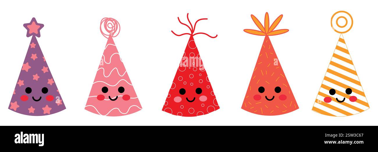 Colorful Party Hats with Smiley Faces in Cartoon Style Stock Vector ...