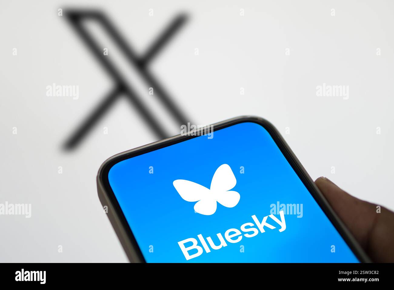 Dhaka, Bangladesh- 05 Aug 2024: Bluesky logo is displayed on smartphone ...