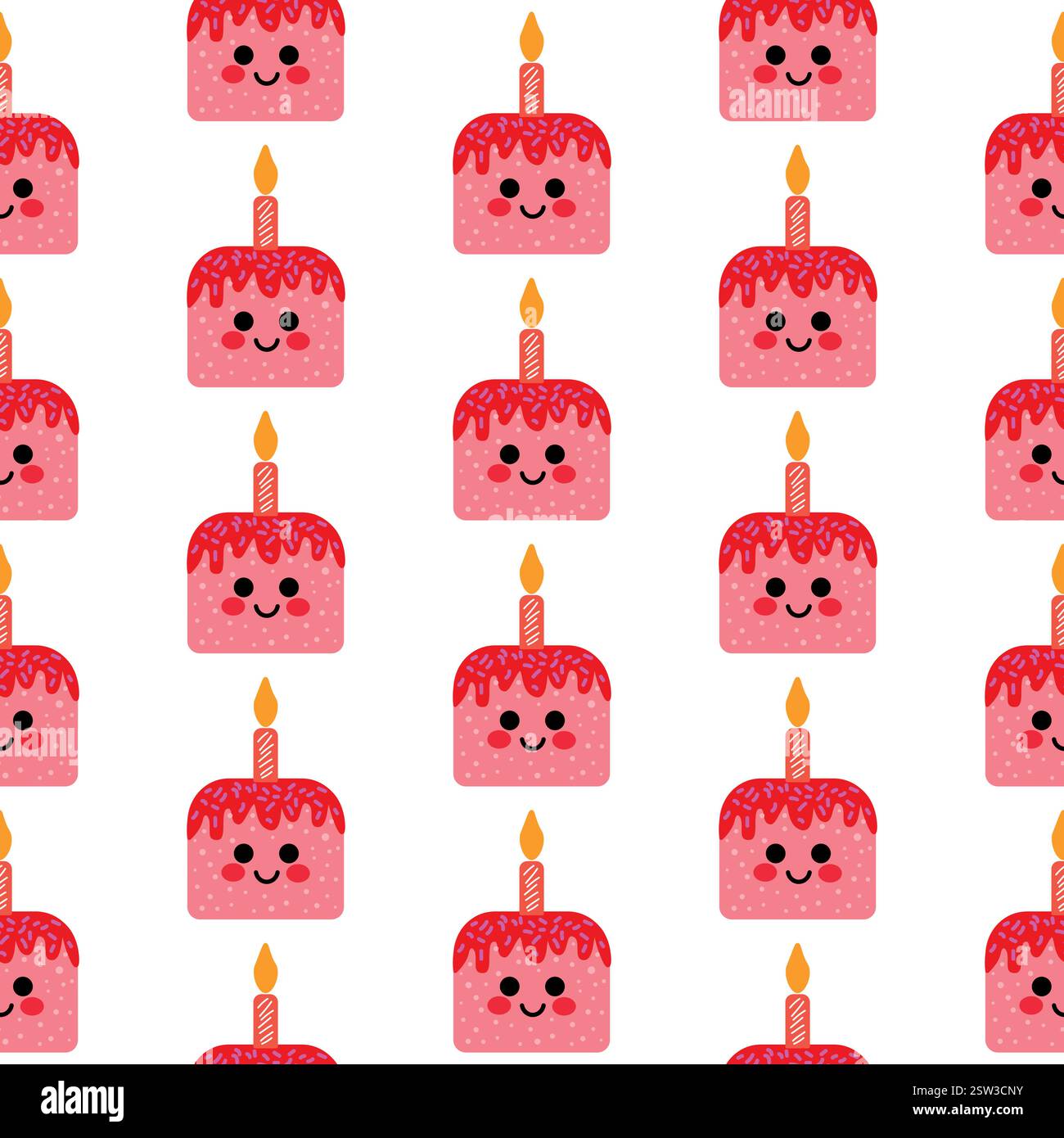 Seamless Pattern of Cute Birthday Cake Icons with Smiling Faces Stock ...