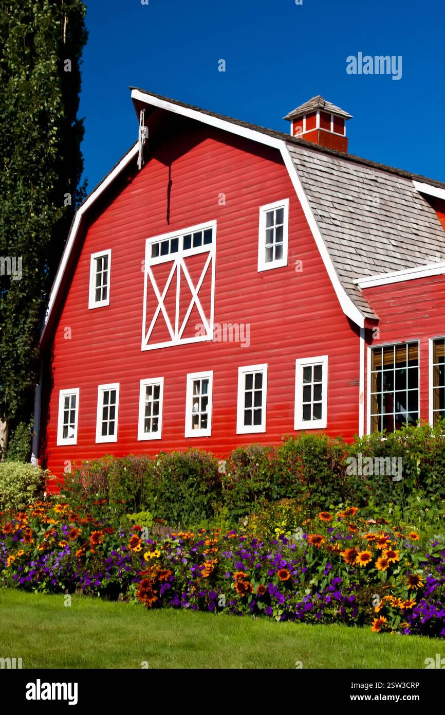 Red barn with a white roof and a red door. The barn is surrounded by a ...