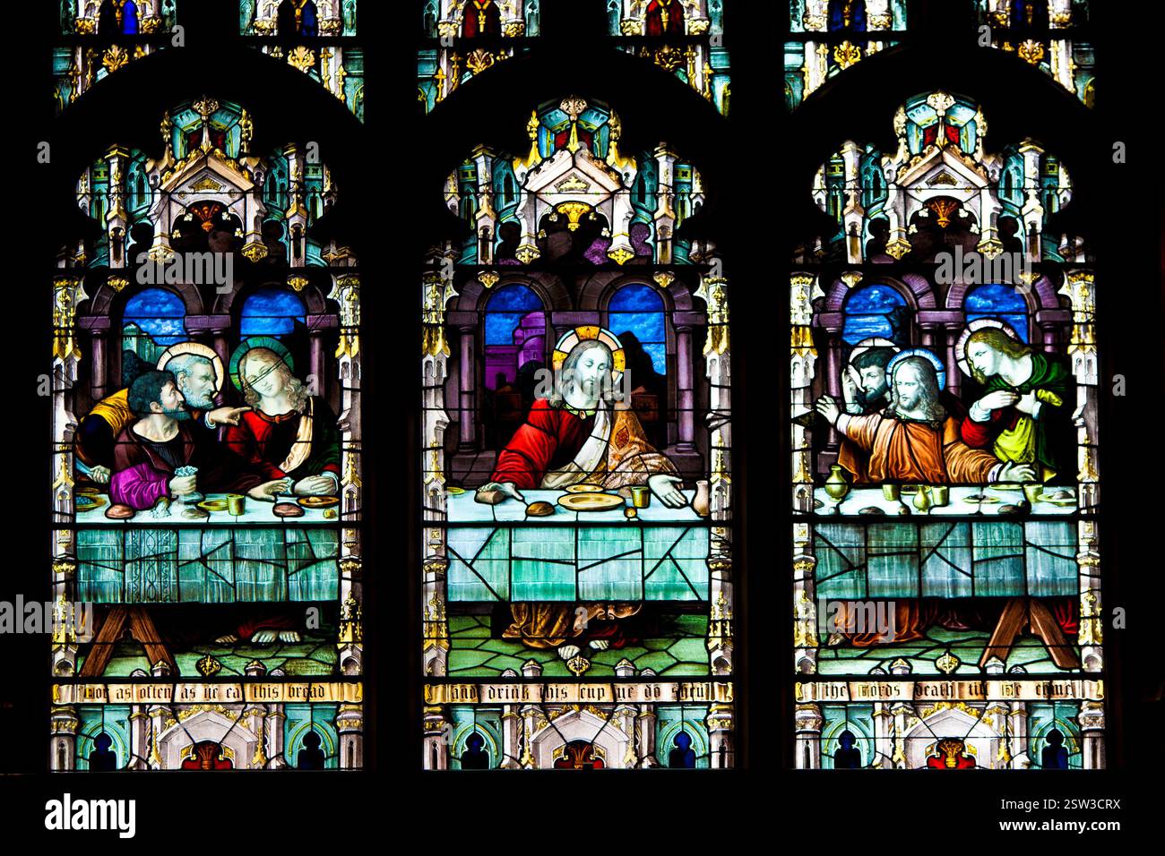 The stained glass window depicts the Last Supper, with Jesus and his ...