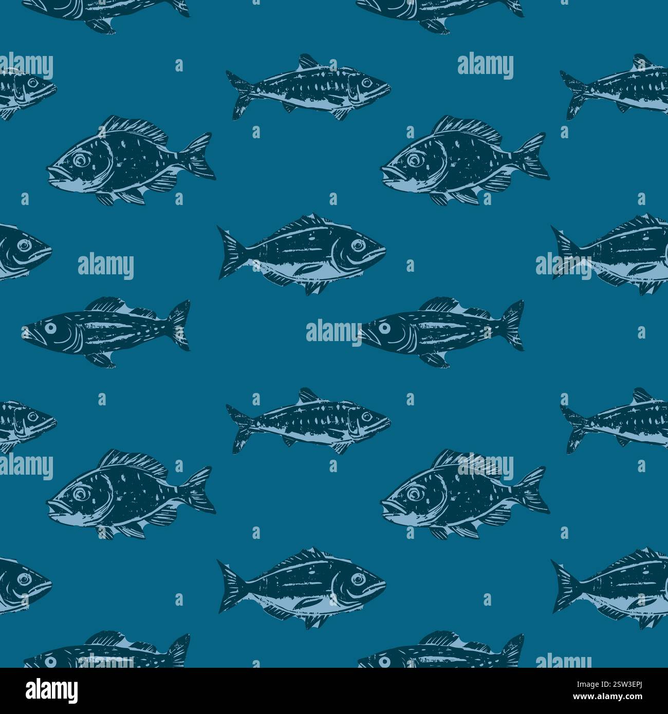 Vintage Blue Fish on Deep Teal Ocean Pattern. Hand-drawn fish ...