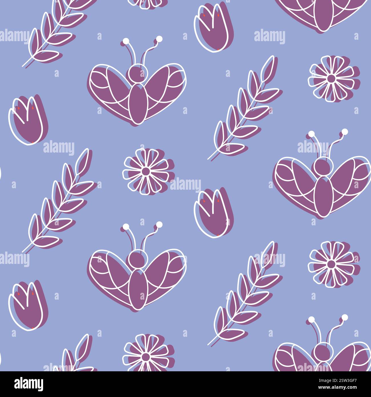 Seamless Pattern Featuring Butterflies, Flowers, and Leaves in a Soft ...