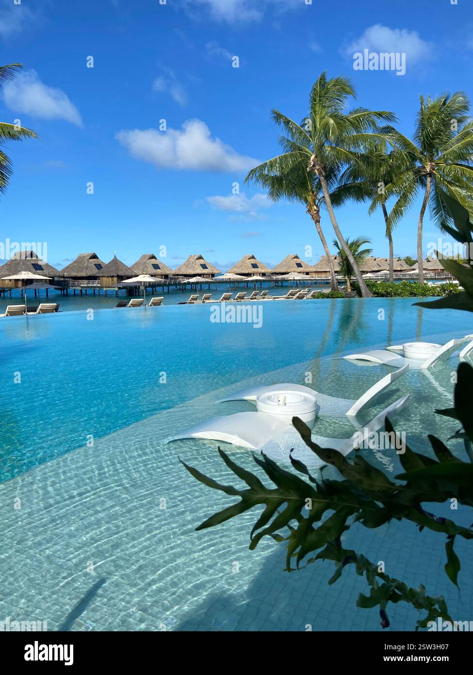 Luxury tropical resort in Bora Bora with an infinity pool and overwater bungalows, surrounded by ...