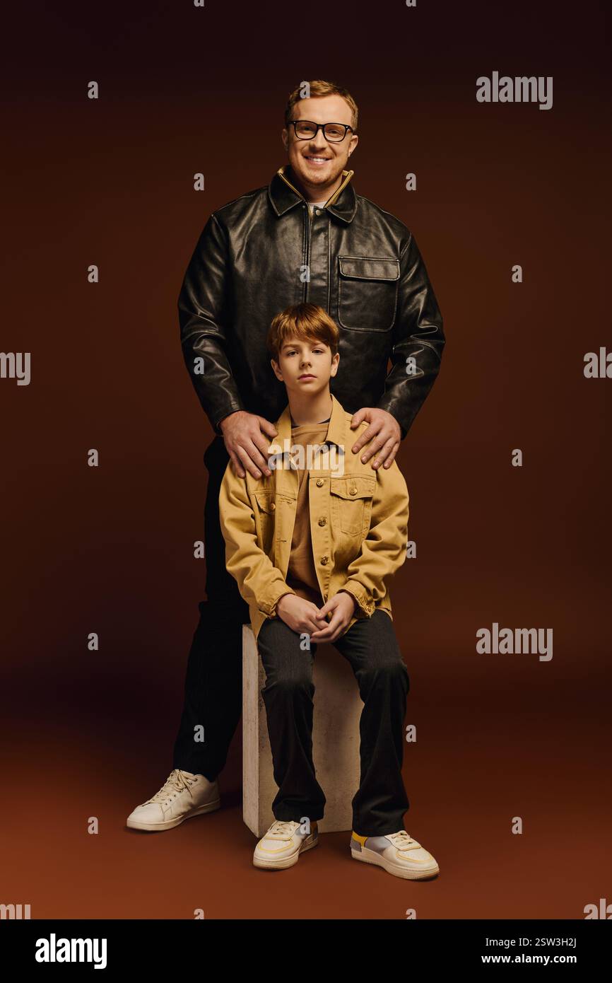 Father and son share a joyful moment, showcasing their stylish casual ...