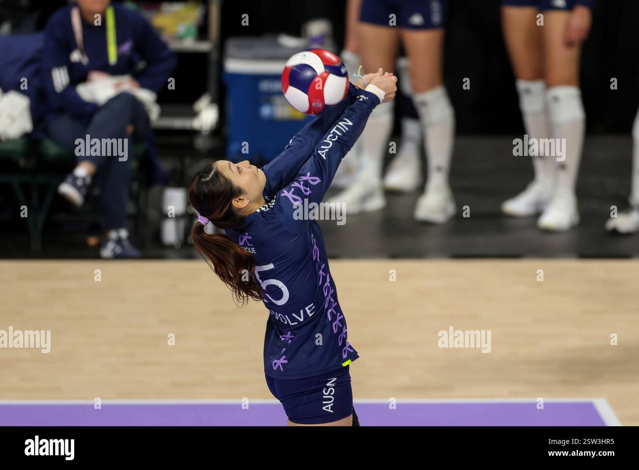 CEDAR PARK, TX - FEBRUARY 19: LOVB Austin libero Kotoe Inoue (15) bumps ...