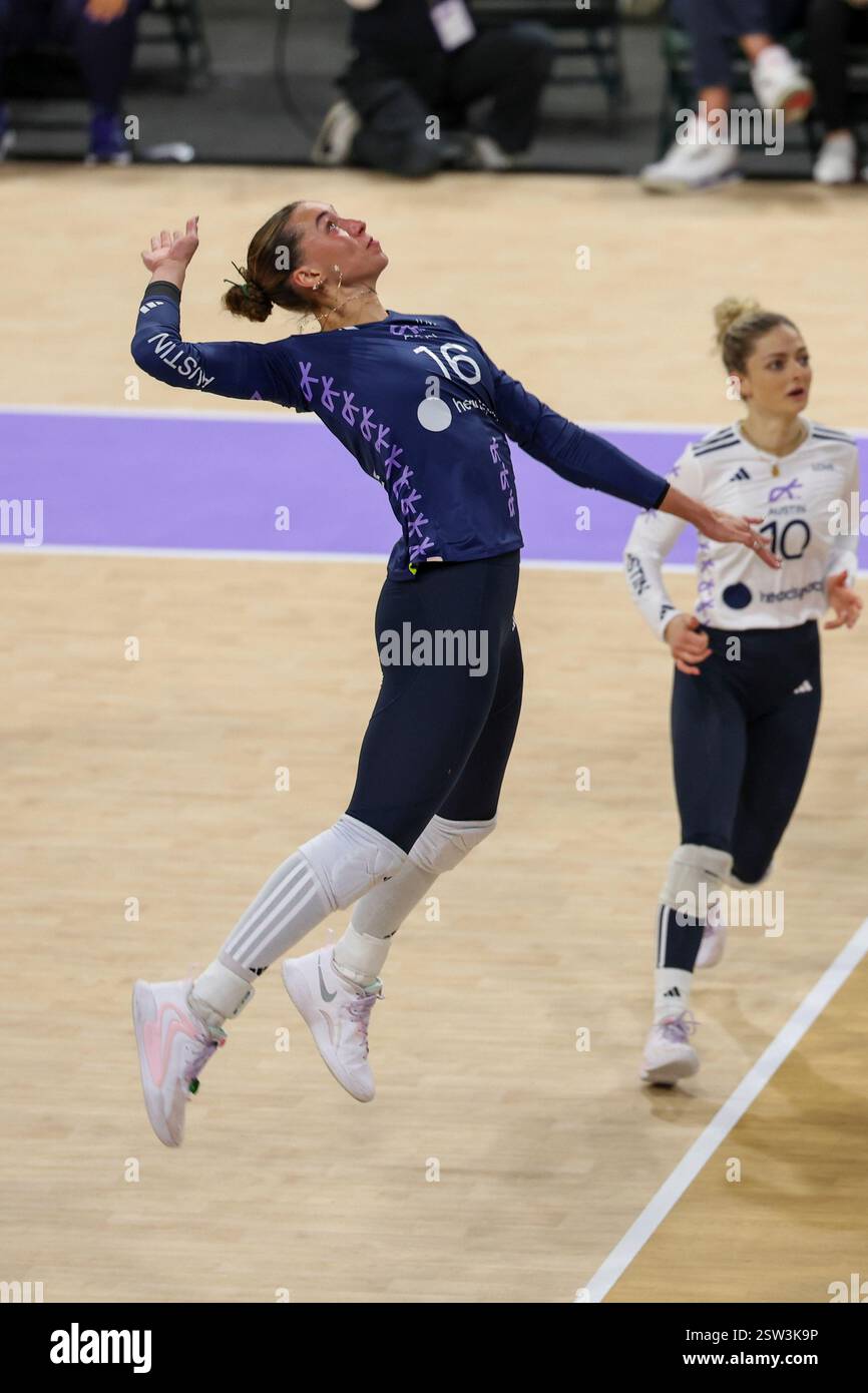 CEDAR PARK, TX - FEBRUARY 19: LOVB Austin opposite hitter Madisen Skinner (16) leaps in the air ...