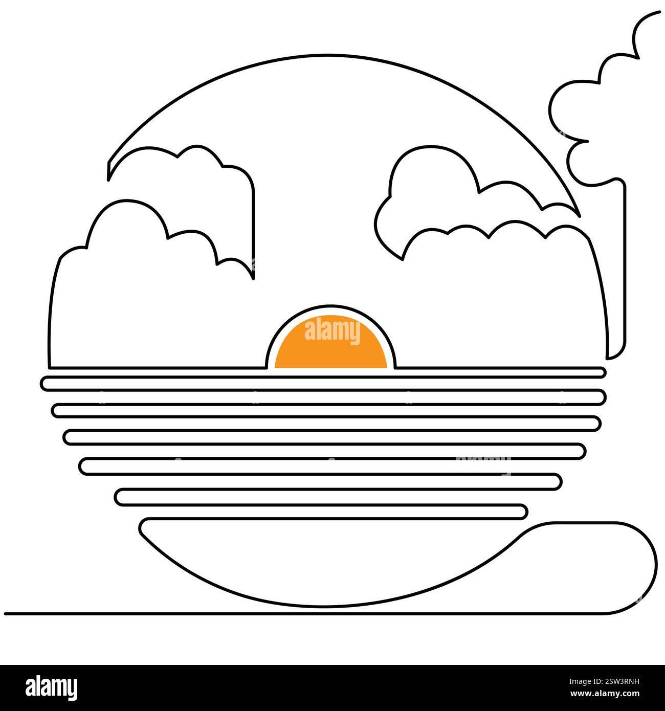 Continuous Sunset one line art drawing with outline vector illustration ...