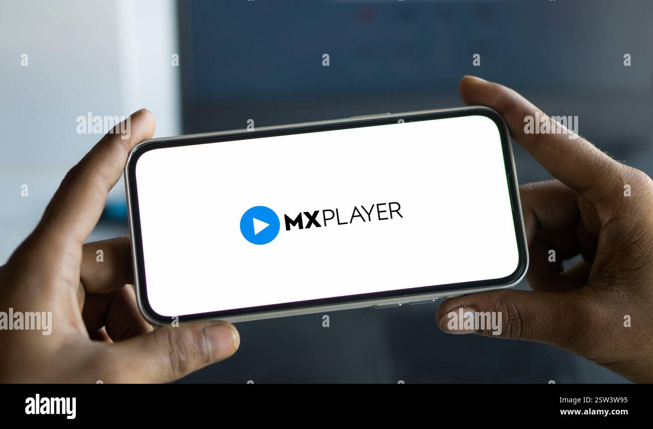 Dhaka, Bangladesh- 14 Sep 2024: MX Player logo is displayed on smartphone. MX Player is an ...