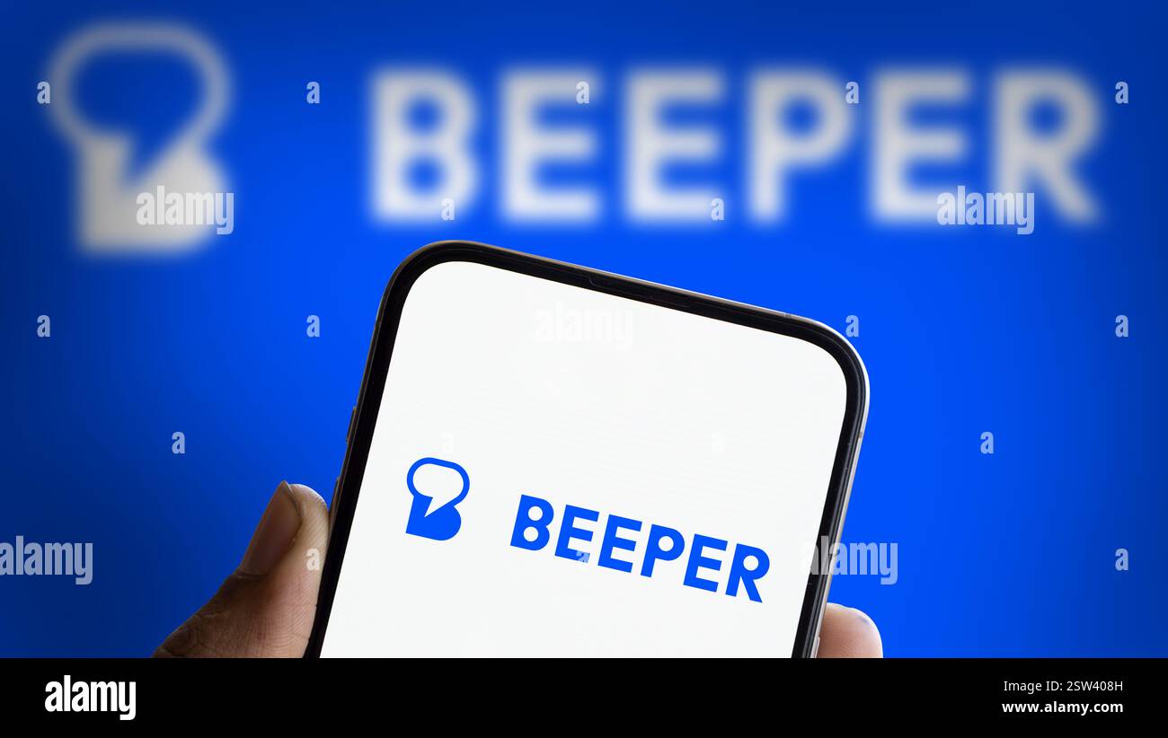 Dhaka, Bangladesh- 16 sep 2024: Beeper logo is displayed on smartphone. Beeper is an instant ...