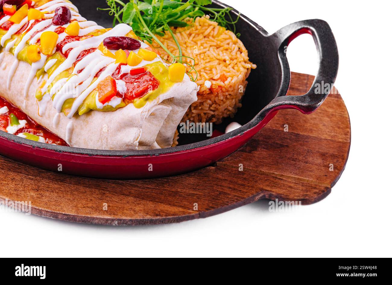 Beef Burrito Dinner with rice on pan Stock Photo - Alamy