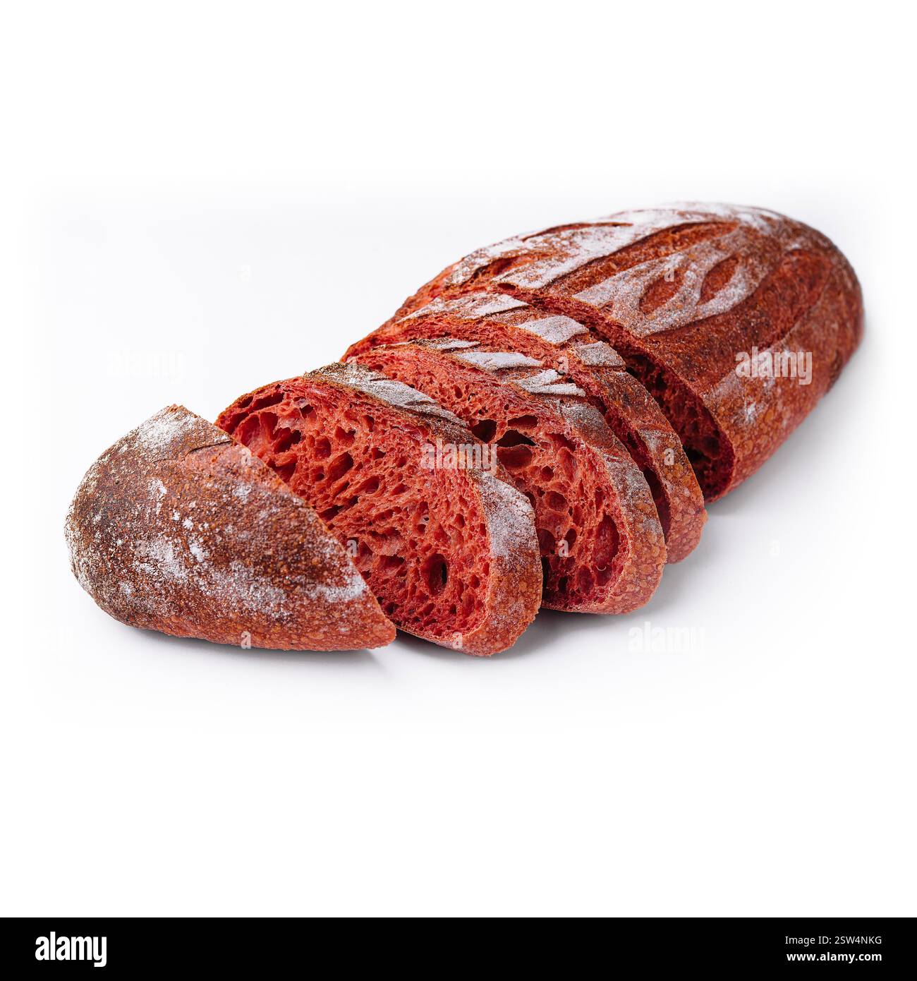 Vibrant sliced loaf of beetroot bread isolated on a white background ...