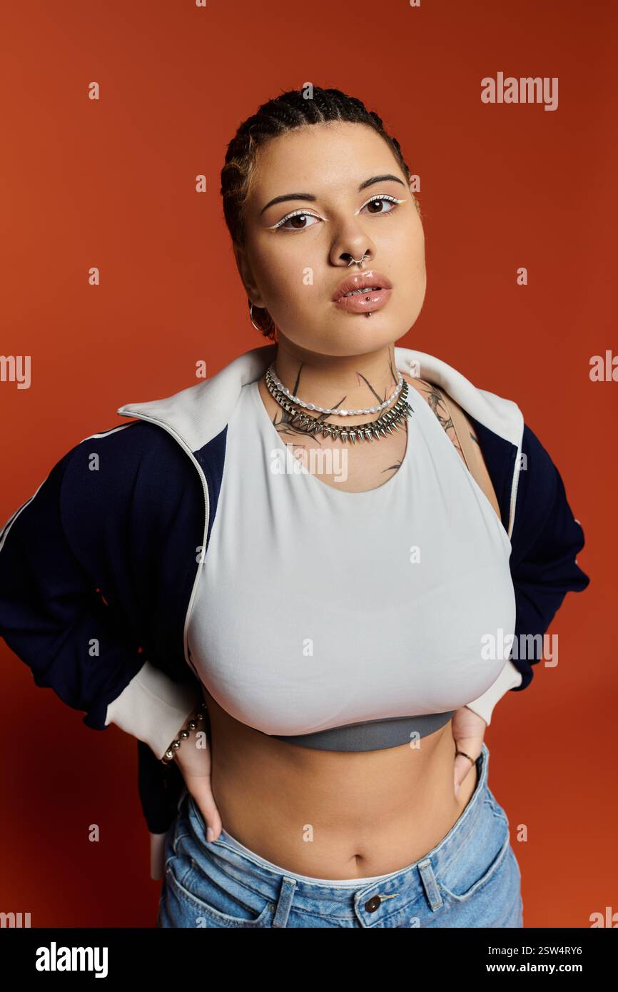 A stylish young woman exudes confidence with her bold, unique look and ...