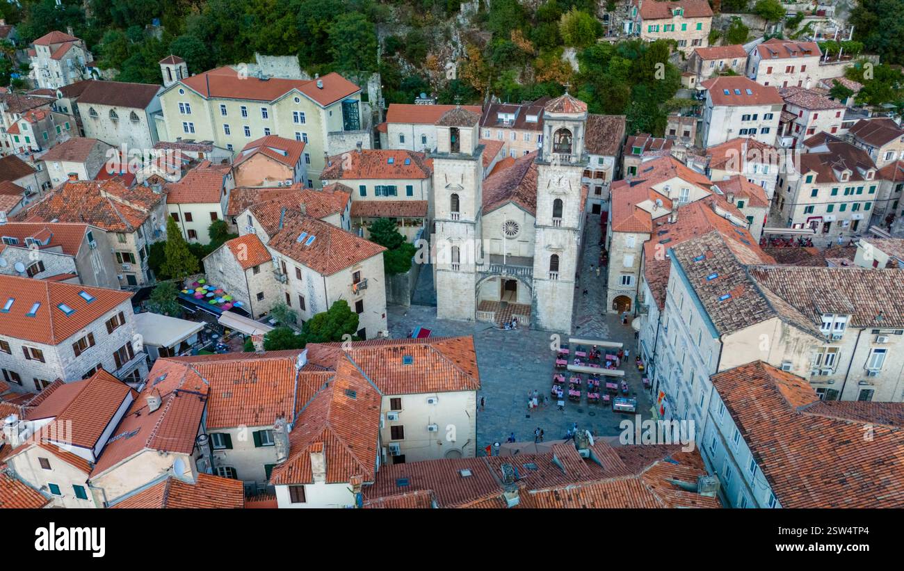 Aerial view of Kotor's charming rooftops and historic buildings in ...