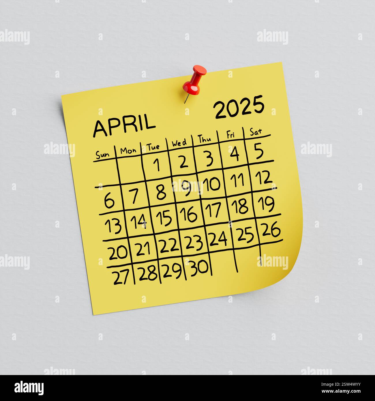 Yellow Note Paper with 2025 Year April Handwritten Calendar and ...
