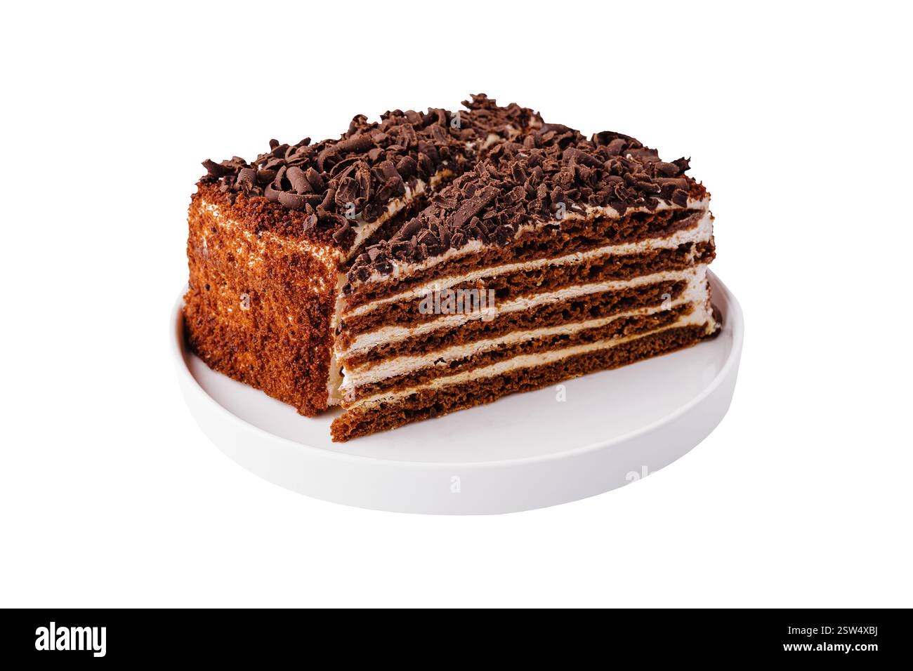 Chocolate layer cake slice on white plate Stock Photo - Alamy