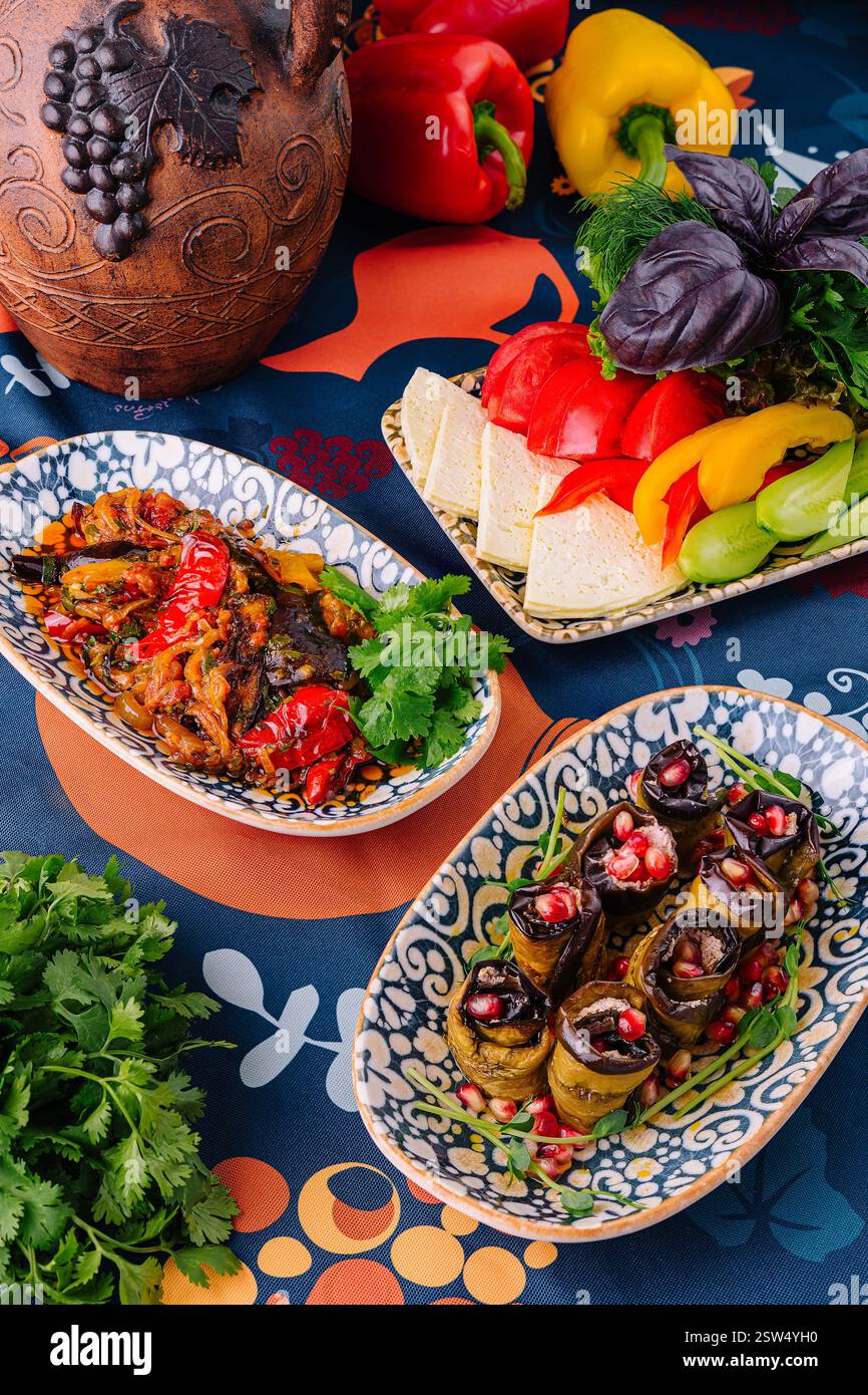 Vibrant dishes of a mediterranean meal laid out on a decorative ...