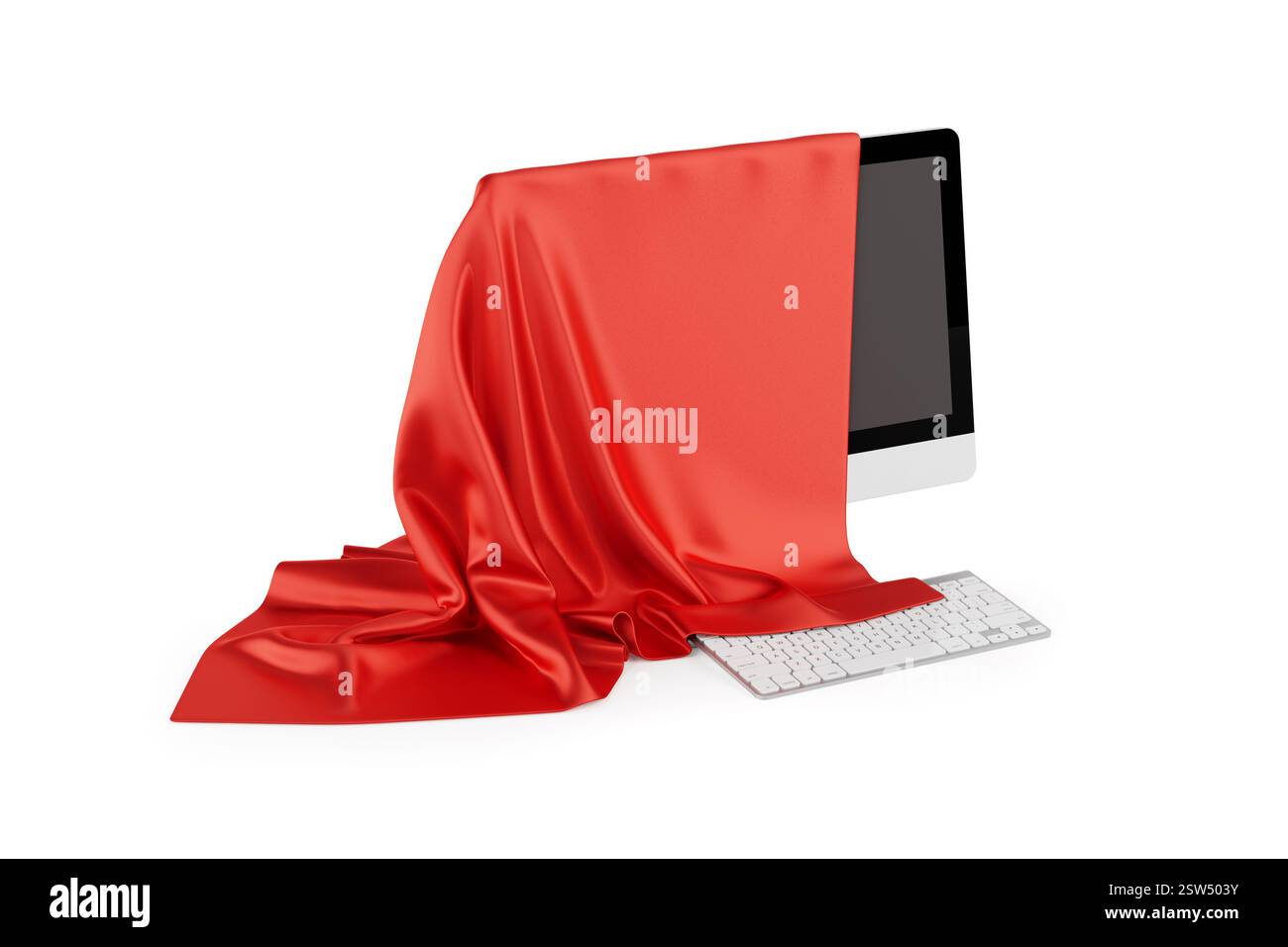 Desktop Computer Covered with Red Silk Cloth, Presentation of New ...