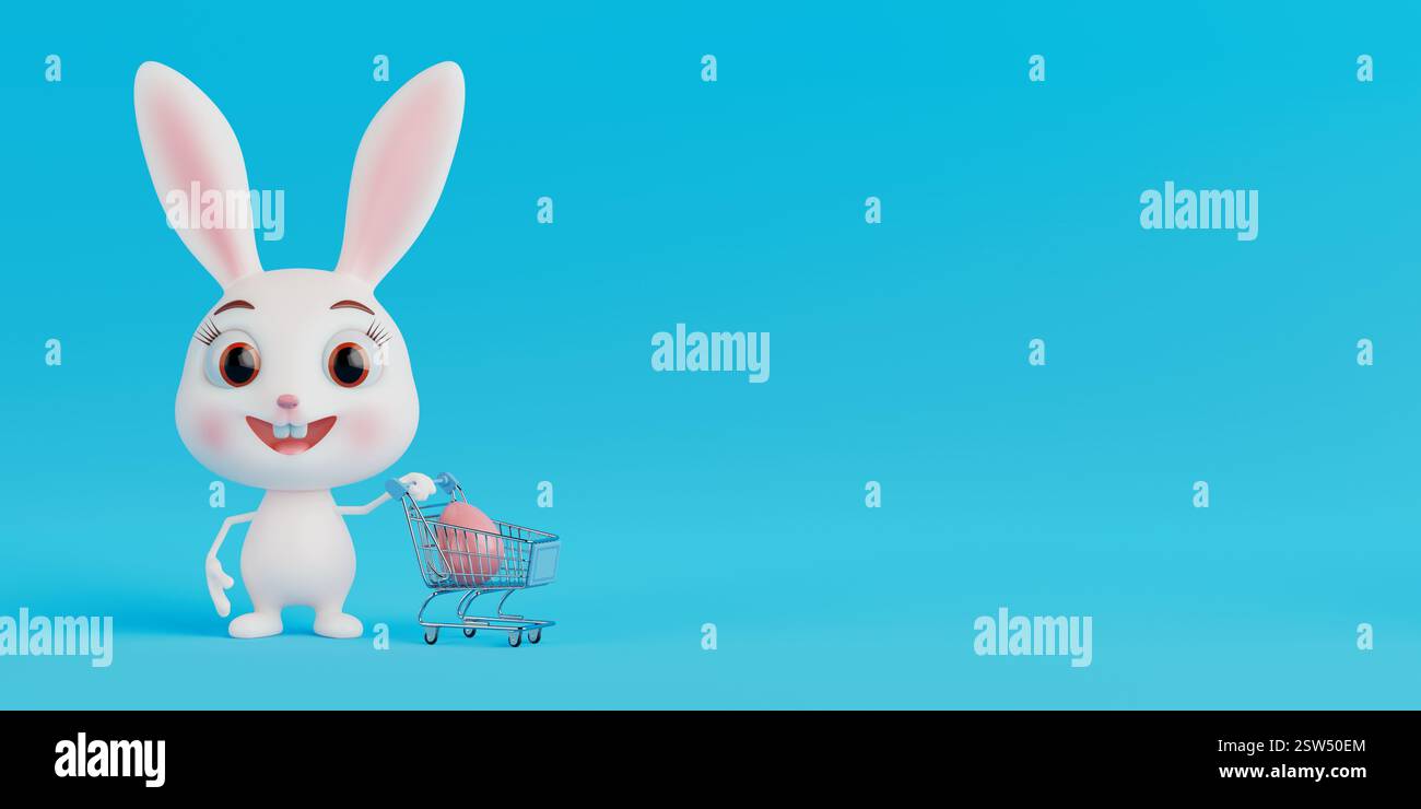 Cute Cartoon Rabbit Character Person with Blue Easter Egg in Shopping ...