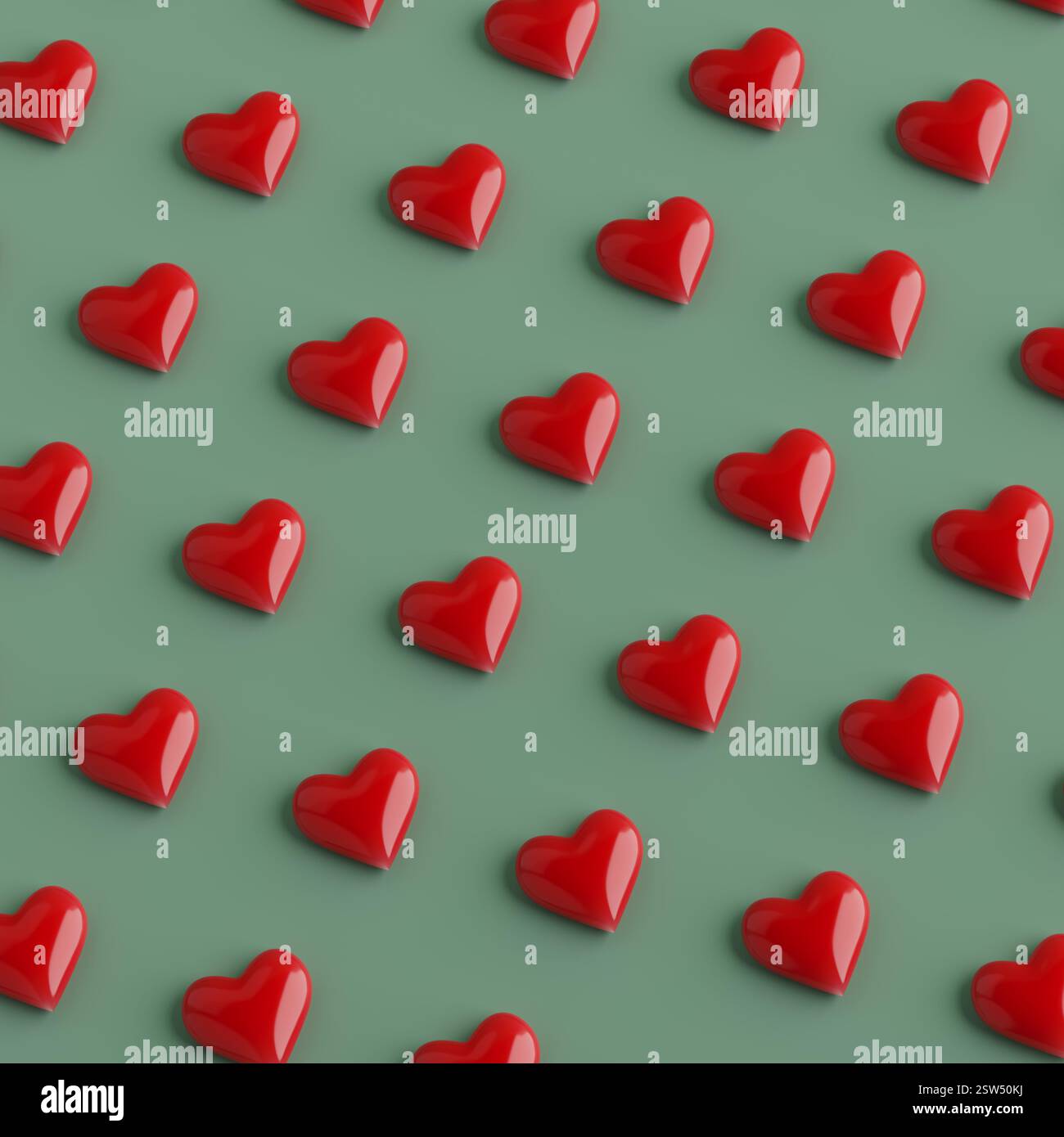 Rows of Red Heart on a green background. 3d Rendering Stock Photo - Alamy