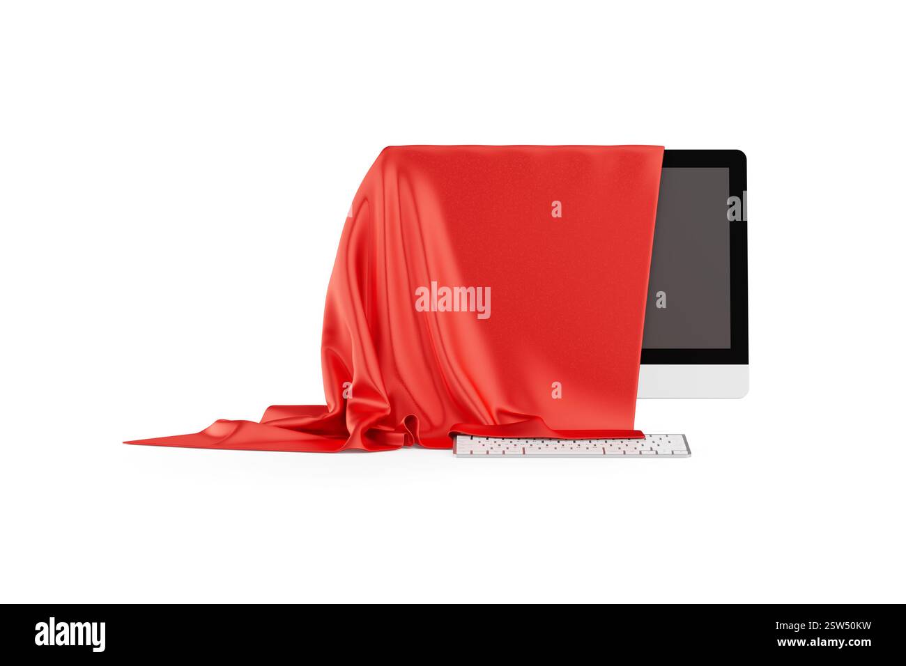 Desktop Computer Covered with Red Silk Cloth, Presentation of New ...