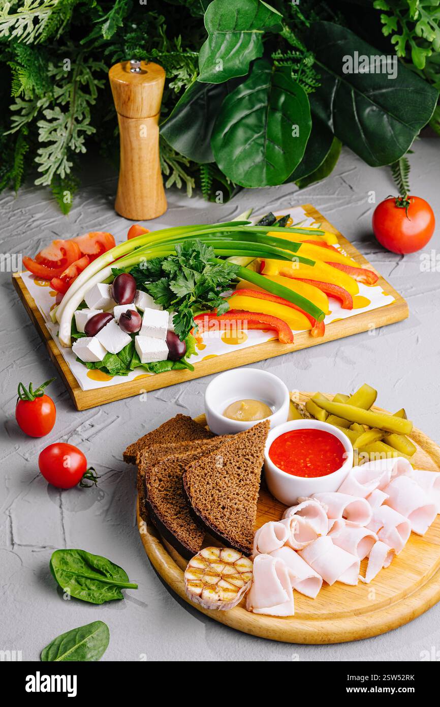Fresh mediterranean platter with vegetables and meats Stock Photo - Alamy