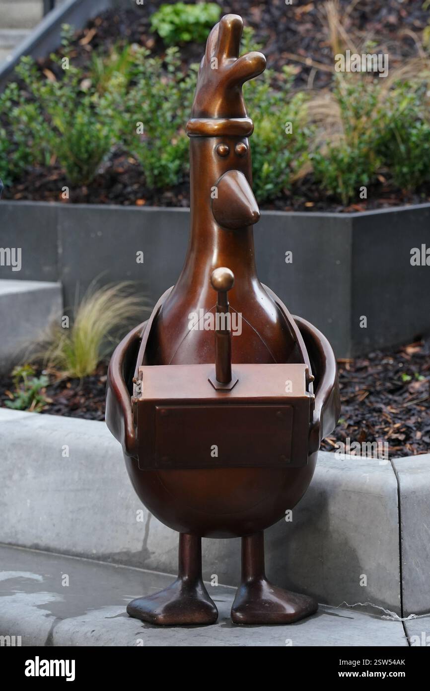 A bronze statue of the animated character Feathers McGraw at Animate ...